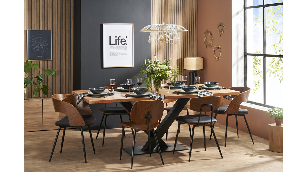 Mesa de comedor industrial rectangular de madera de acacia maciza y ...