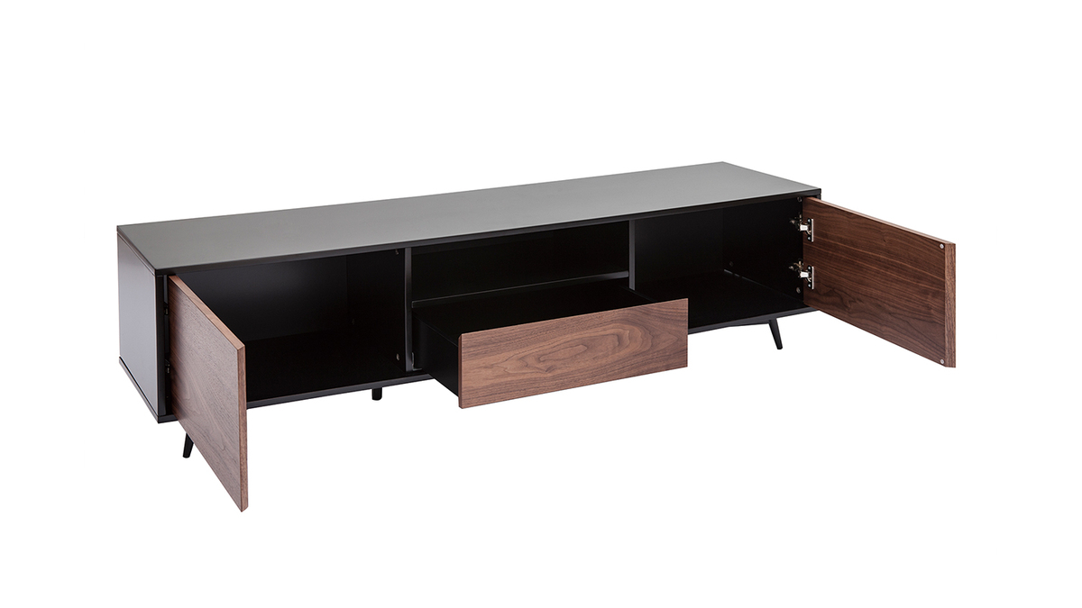 Mueble TV negro mate y contrachapado de nogal con 2 puertas y 1 cajón ...